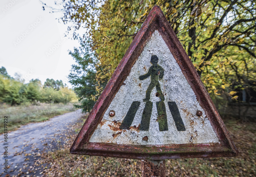 Pedestrian crossing sign in abandoned military base Chernobyl-2 in ...