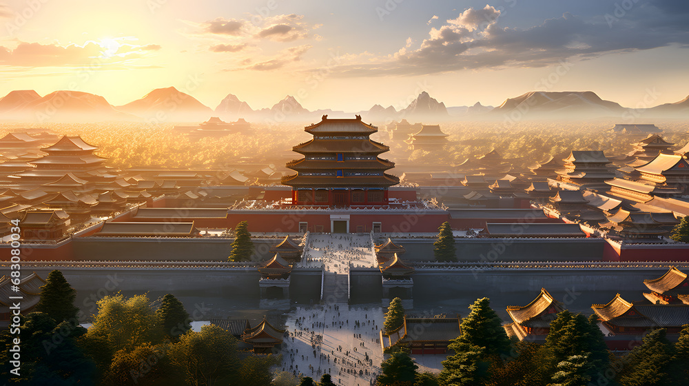 An aerial view of the Forbidden City, showcasing its vastness and ...