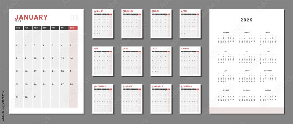 Set of Monthly pages Calendar Planner Templates 2024-2025 for wall or ...