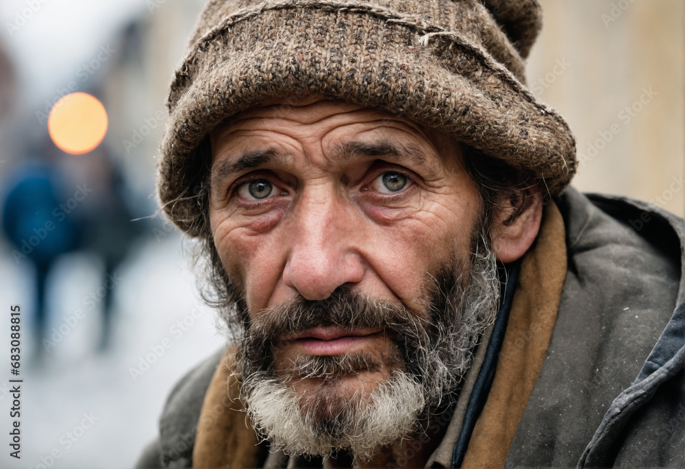 Frontal view of a 50-year-old homeless person with bokeh Stock Photo ...