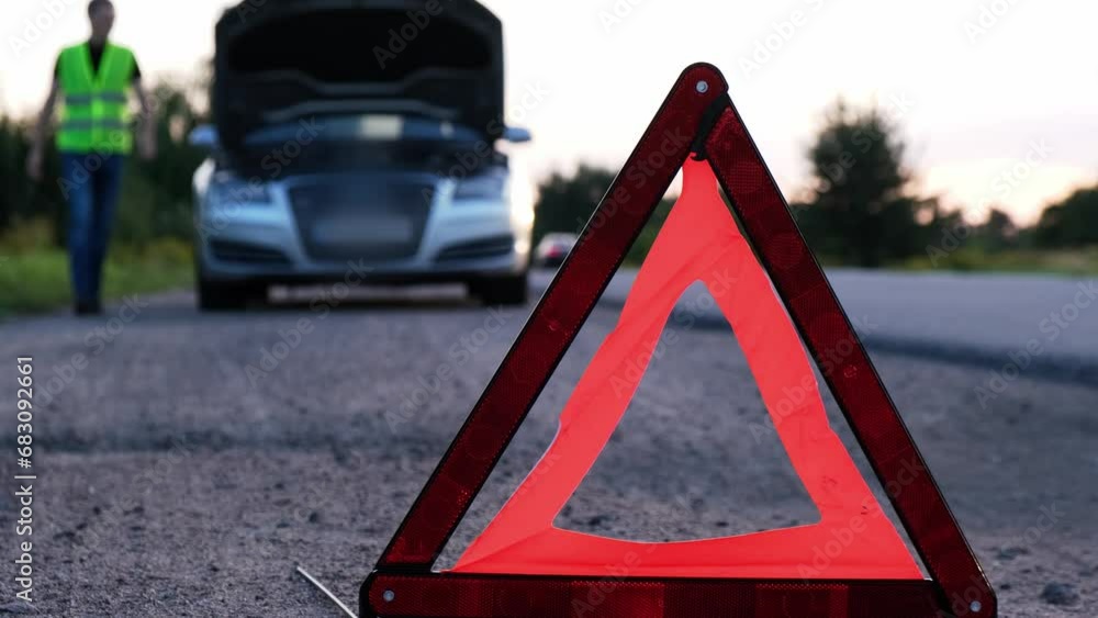 Broken silver luxury car emergency accident. Man driver installing red ...