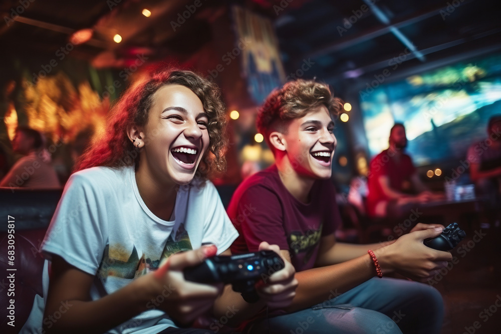 Close-up of two Caucasian teenage boys playing video games. Excited ...
