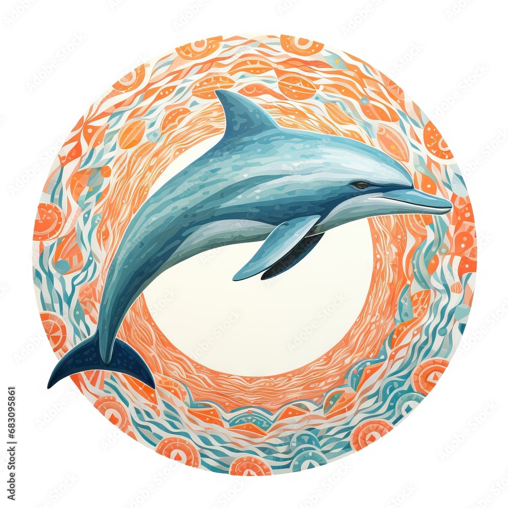geometric pattern of a dolphin in a circle, serigraph print effects ...