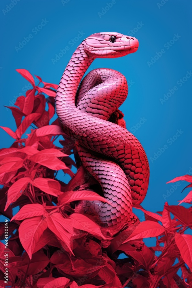 Mystic pink snake and tropical leaves on bright blue background. King ...
