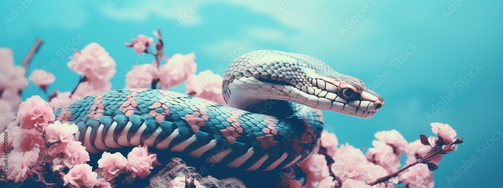 Mystic blue snake and pink flowers on sky blue background. King snake ...