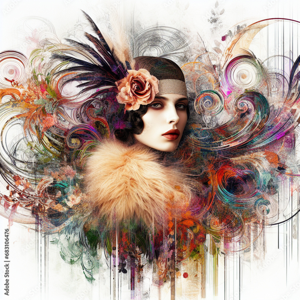 Abstract fantasy illustration featuring a close up portrait of striking ...