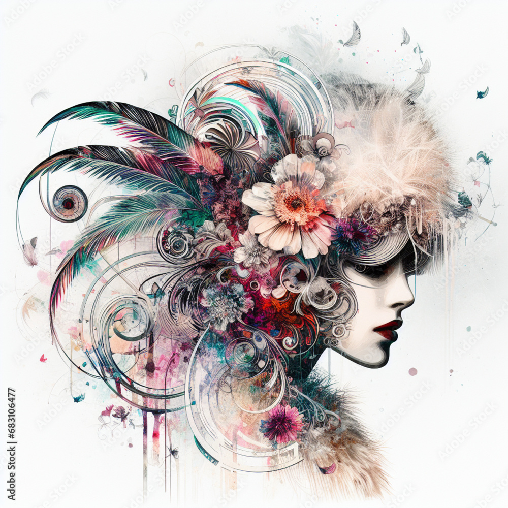 Abstract fantasy illustration featuring a close up portrait of striking ...