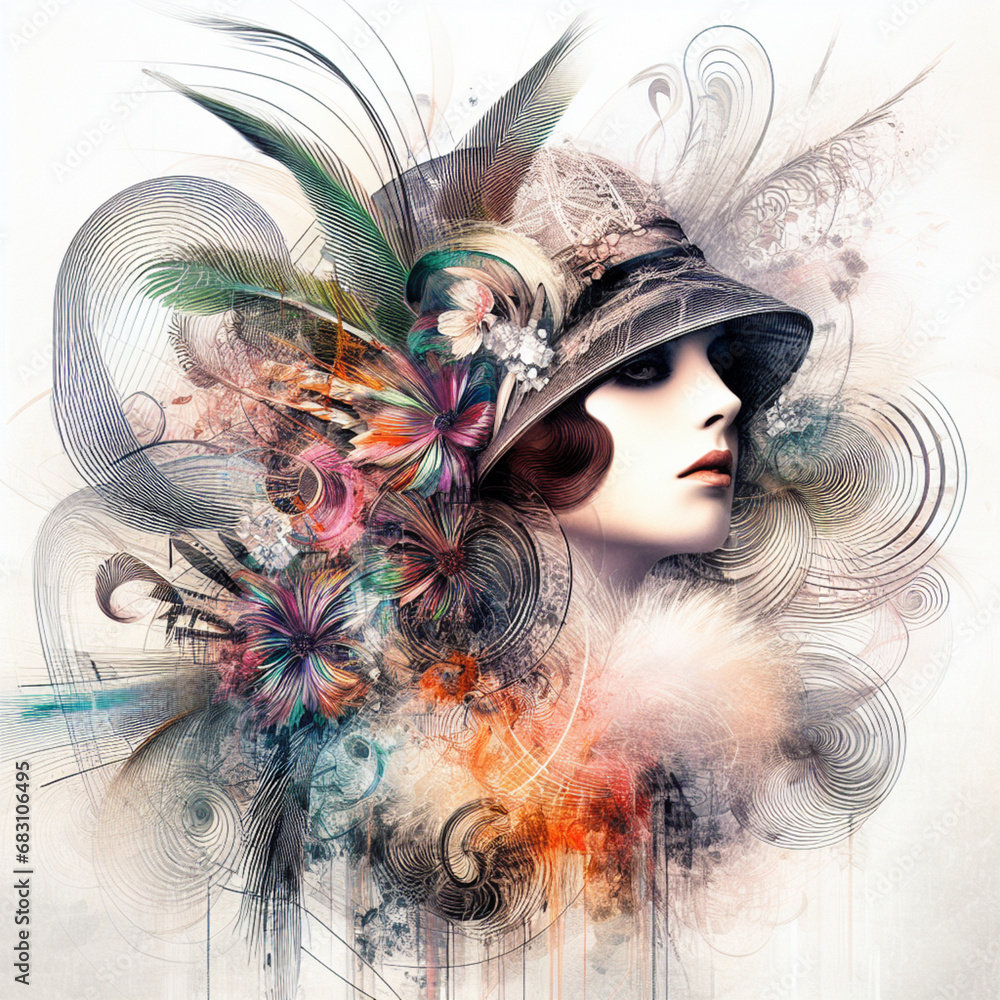 Abstract fantasy illustration featuring a close up portrait of striking ...