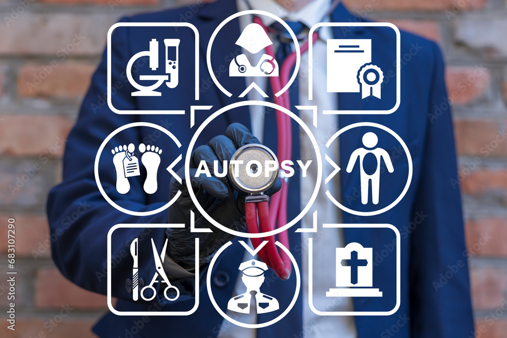 Pathologist using virtual touch screen sees word: AUTOPSY. Autopsy ...