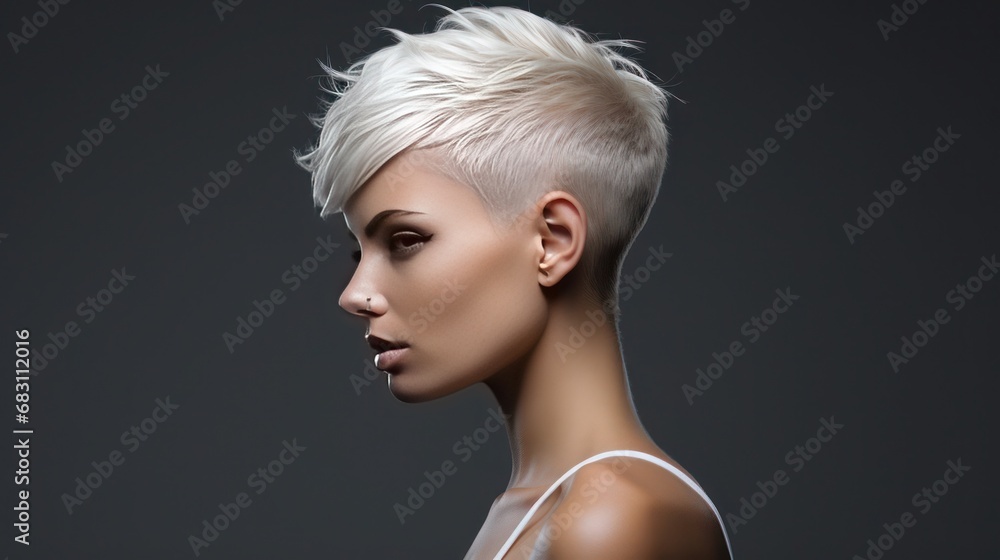 Profile of an adorable girl model with a trendy short hairstyle Stock ...