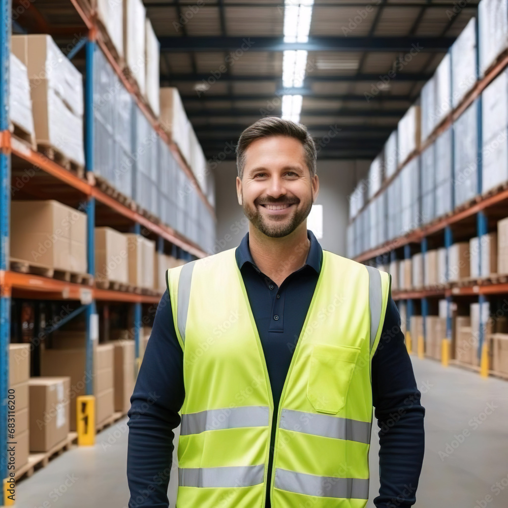Trabajador almacenero sonriendo en el pasillo de un almacén muy grande ...