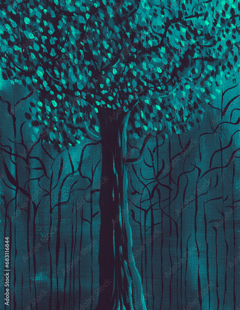 Monochrome tall tree painting with leaves and trunks. Dark and vibrant ...