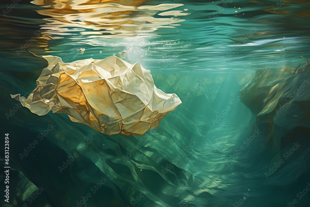 Render crumpled paper in an underwater setting, with an aquatic color ...