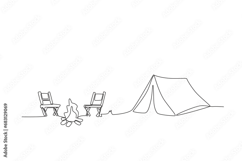 One line depicts a camping landscape in a campground. Two chairs and a ...