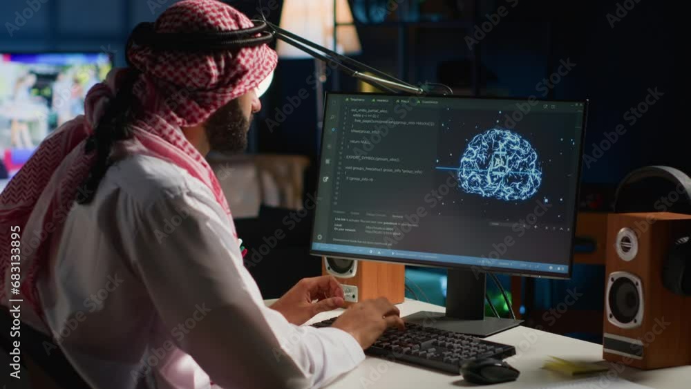 Arab admin using computer to visualize artificial intelligence neural ...