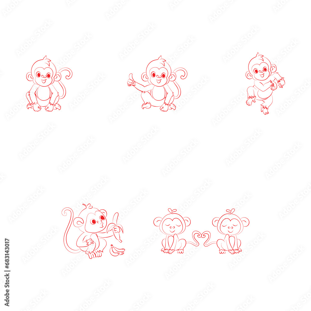 Monkey vector illustration. Red and white outline Monkey coloring book ...