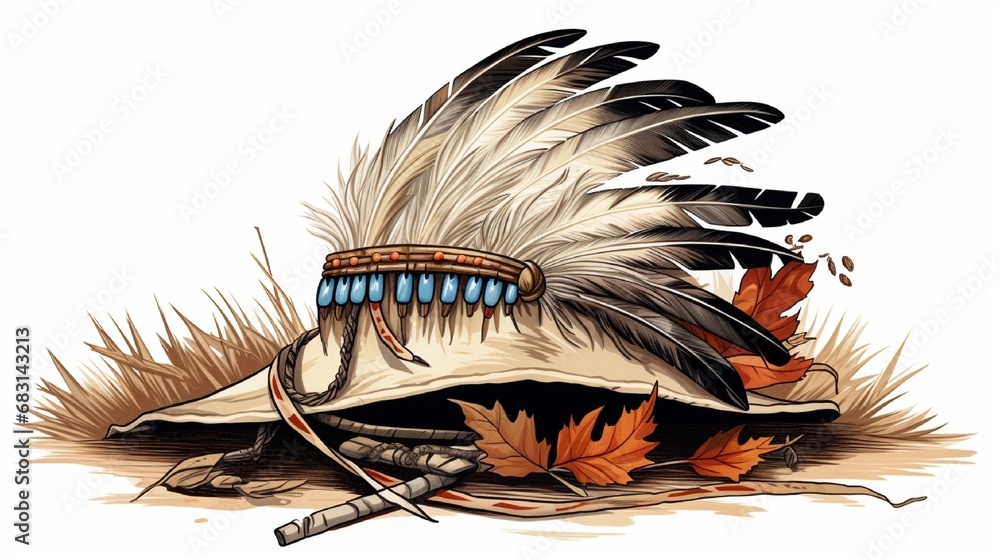 A whimsical clipart depiction of a pilgrim's hat and a Native American ...