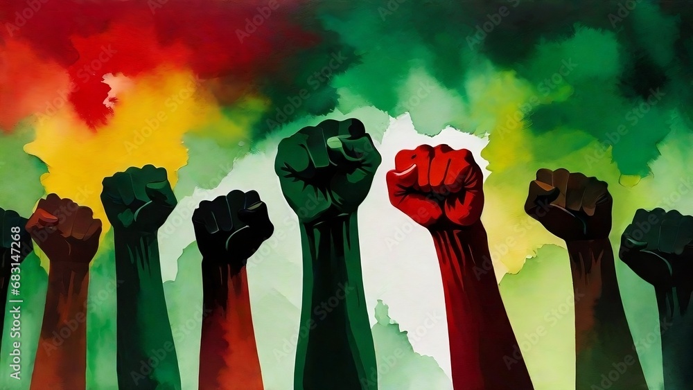 Black history month celebration, Watercolor illustration of black fist ...