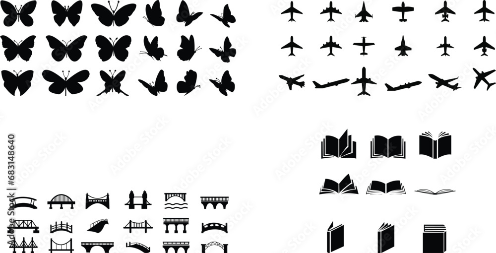 Vetor de Flying butterflies silhouette black set, Plane icon vector for ...