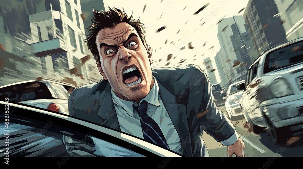 the chaotic scene of city traffic as an angry male car driver yells at ...