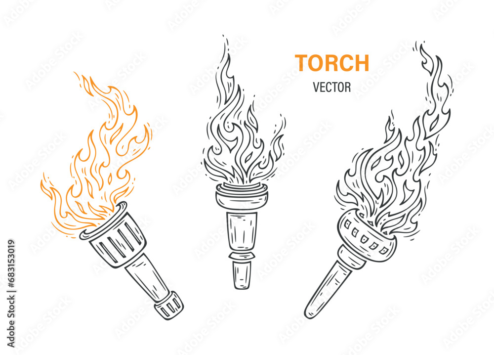 Outline Torch silhouette icon Vector set. Flaming torch logo. Fire ...
