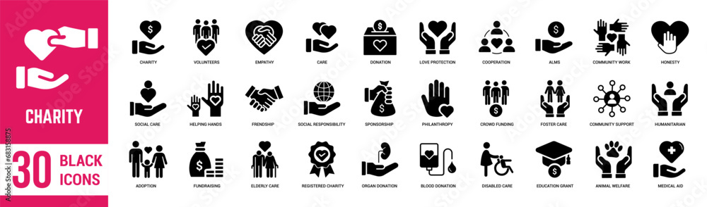 Charity solid black icons set. Charity, volunteers, empathy, donation ...