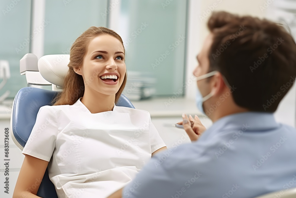 Happy Patient Sitting Comfortably in Dental Chair with Friendly Dentist ...