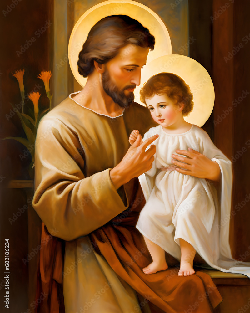 Saint Joseph hugging baby Jesus, Son of God, Christmas nativity scene ...