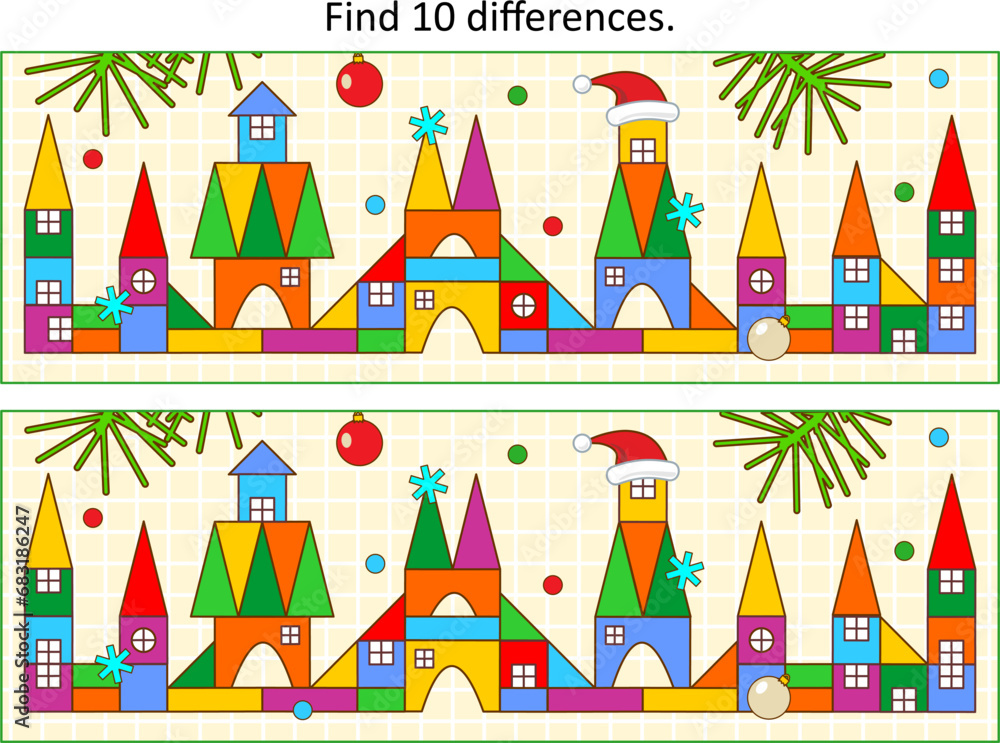 Difference game with winter holidays toy town gates, buildings, towers ...