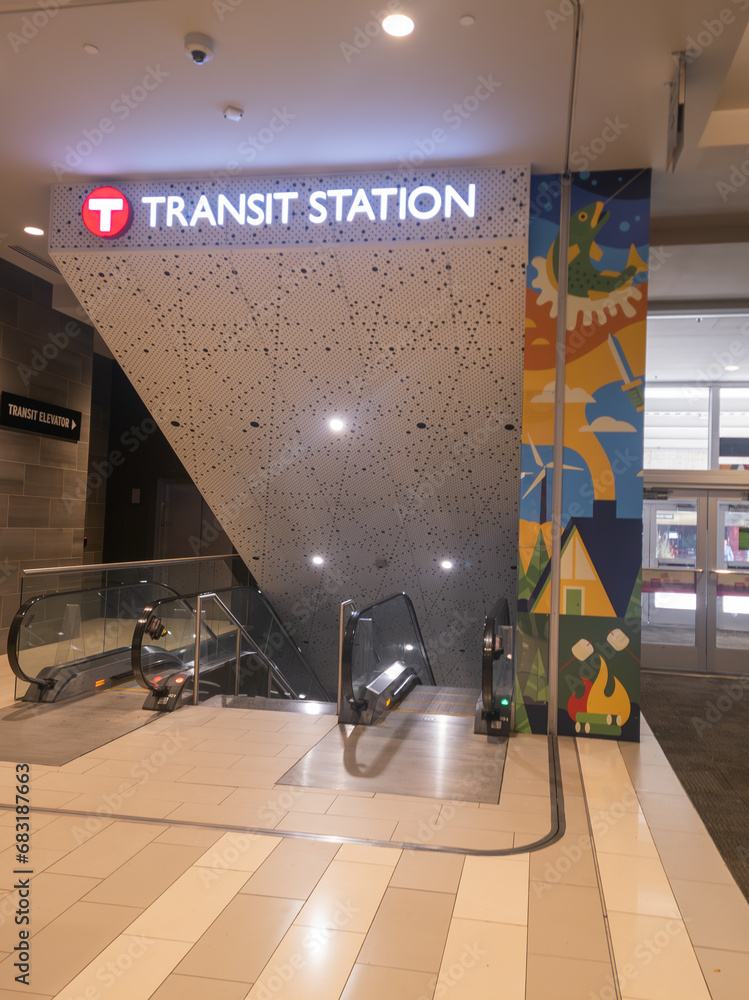 Entrance to the T light rail and bus Transit station at the Mall of ...