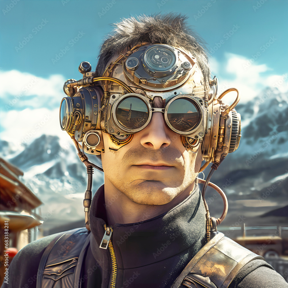 Portrait of steampunk man with various mechanical devices on. Design a ...