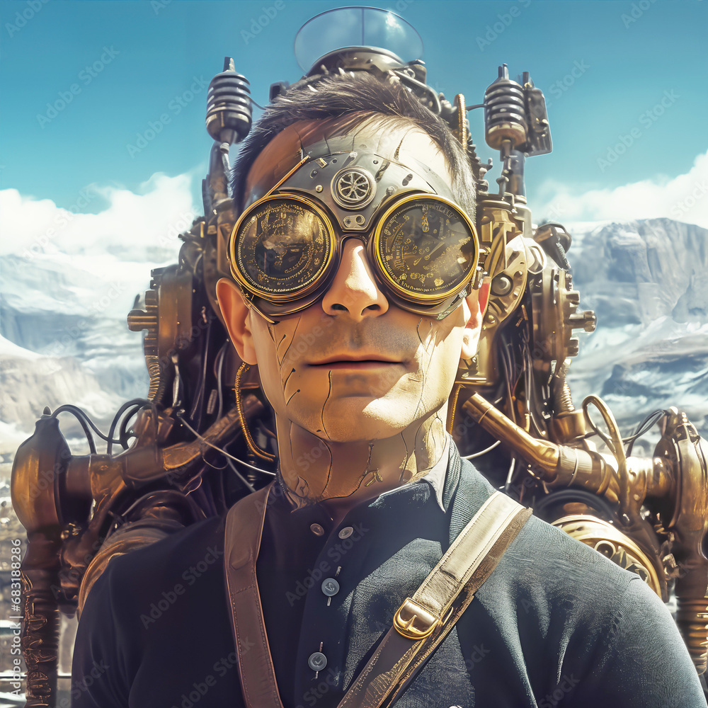 Portrait of steampunk man with various mechanical devices on. Design a ...