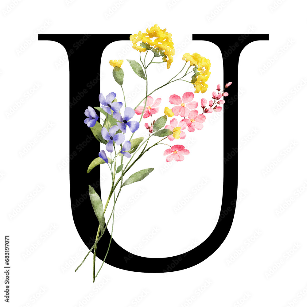 Letter U, floral alphabet, wedding monogram with watercolor flowers ...