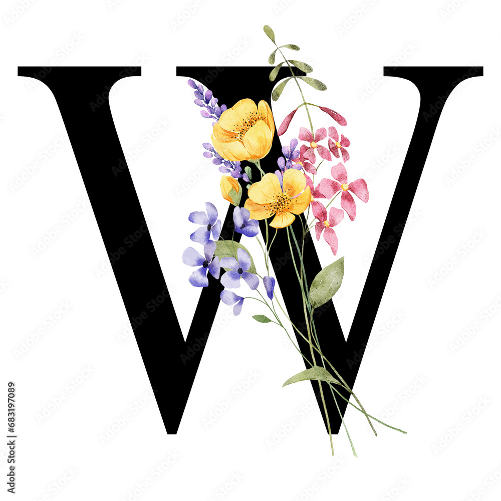 Letter W, floral alphabet, wedding monogram with watercolor flowers ...