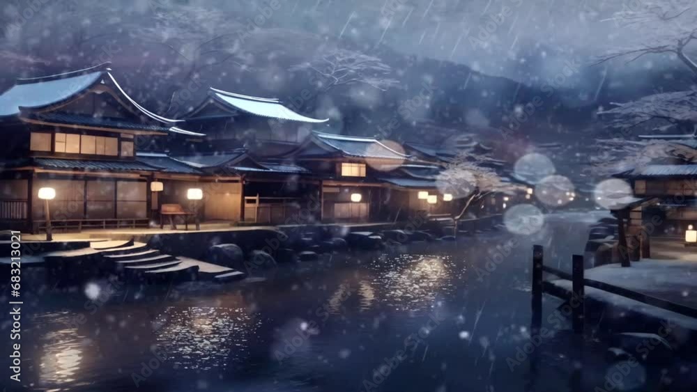 Fantasy beautiful traditional Japanese countryside in winter with ...