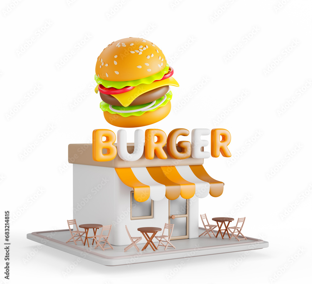 Isometric burger restaurant building exterior 3d render. Street fast ...