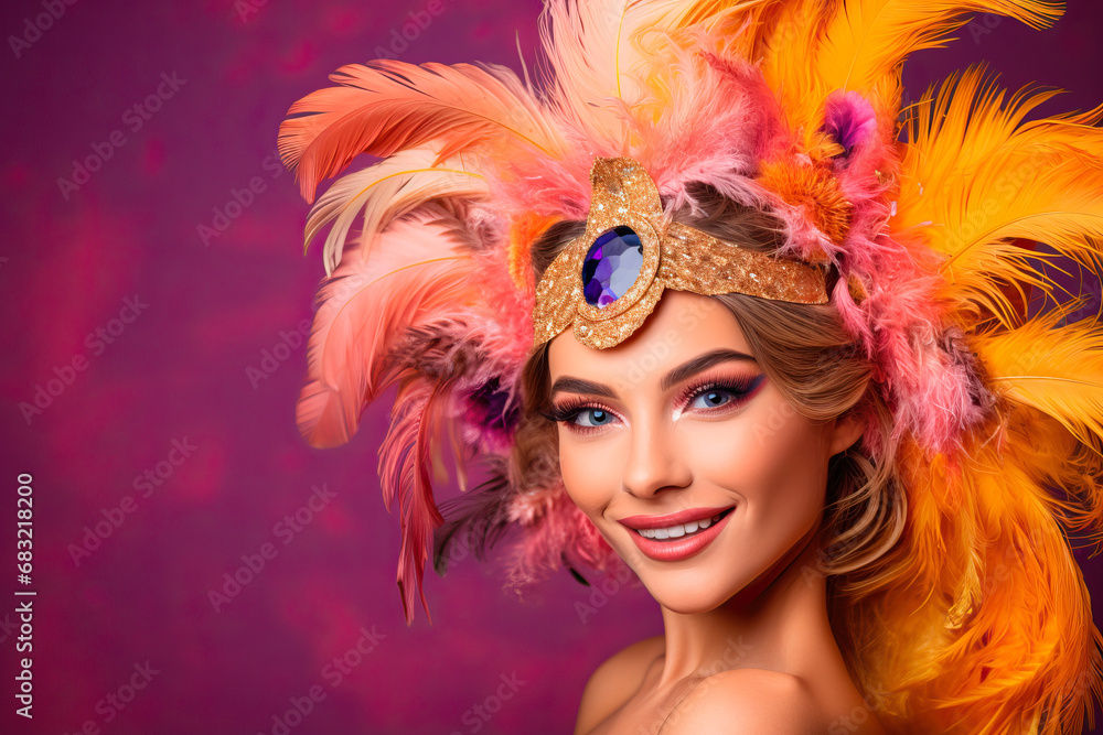 A woman wearing a colorful headdress with feathers for carnival created ...