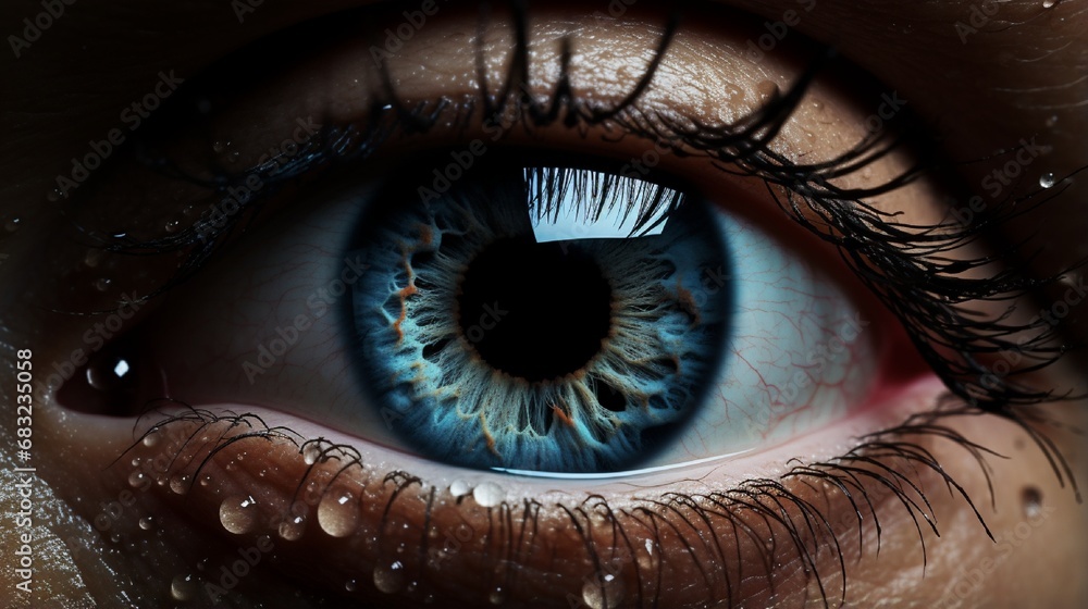 Distress and suffering with a single tear drop falling from a human eye ...