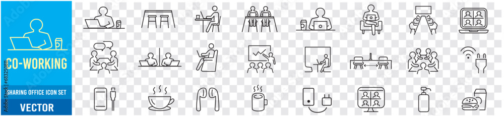 Co-working space line icon set. Included icons as coworkers, coworking ...