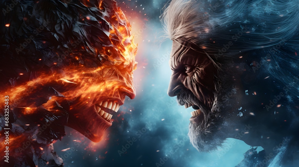 Develop an illustration depicting an epic battle between fire and ice ...