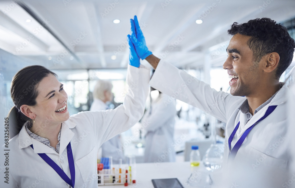 Science, high five and man with woman in laboratory for agreement ...