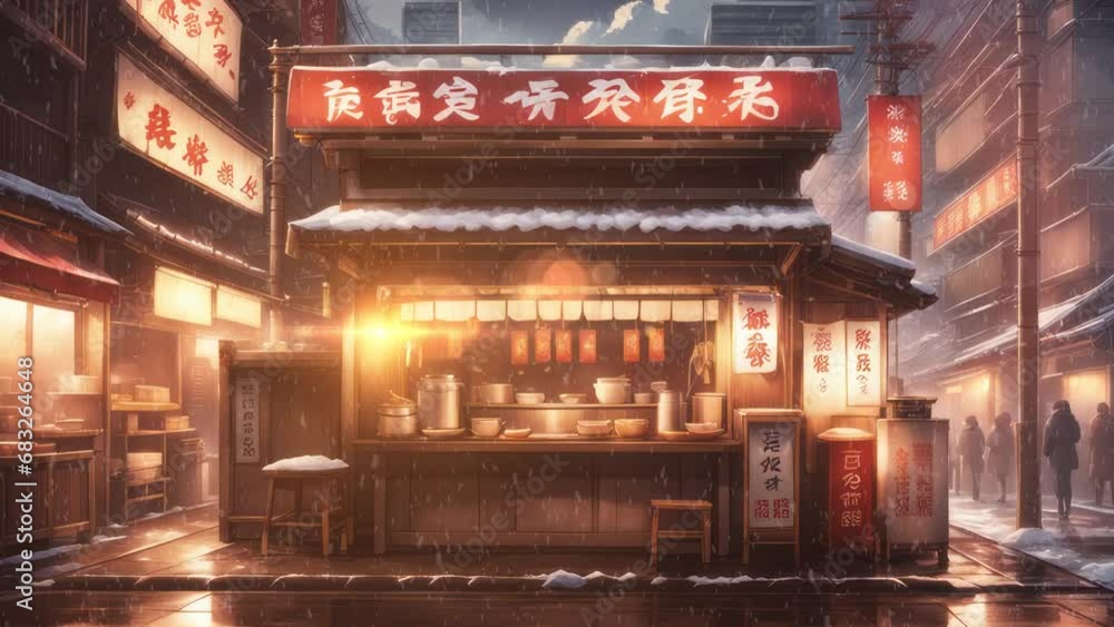 Lofi anime winter restaurant. Night ramen restaurant animation. Loop ...