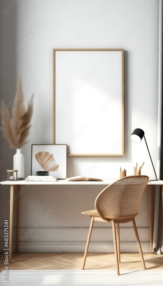 Vertical image of empty frame hanging behind a home office desk. Stock ...