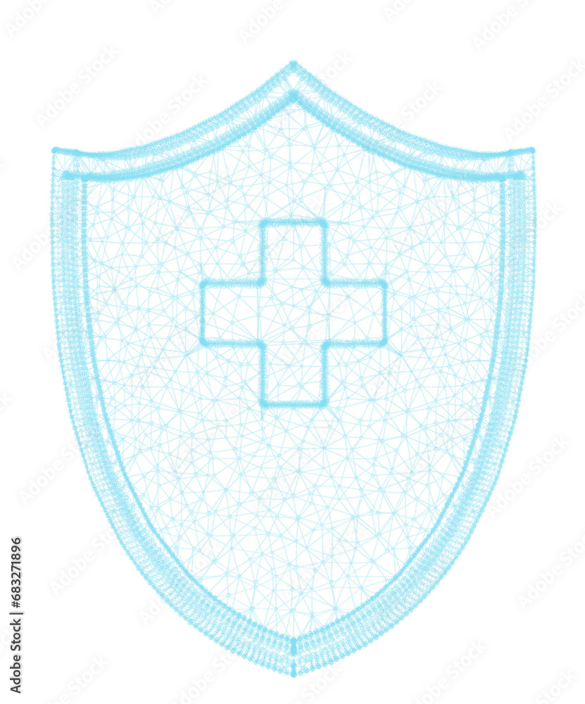 A 3D illustration of a shield featuring a central medical cross in a ...