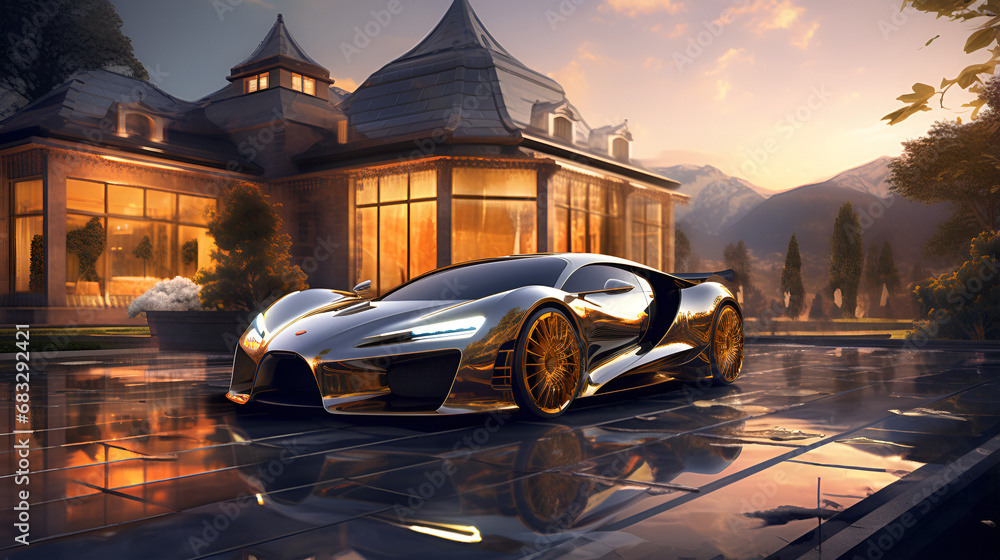 night city street,hyper car in front of mansion,Cut house technology ...