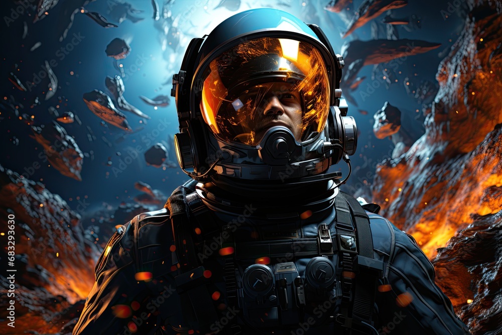 blue space cop with a space astronaut suit, many light in background ...