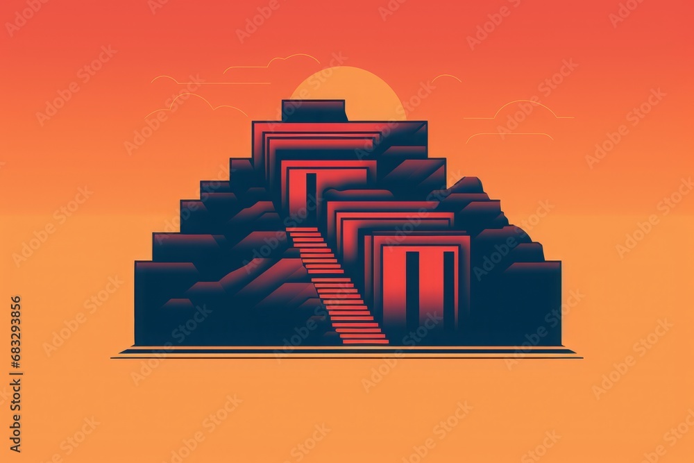 A retro-styled landscape featuring stylized buildings and a prominent ...