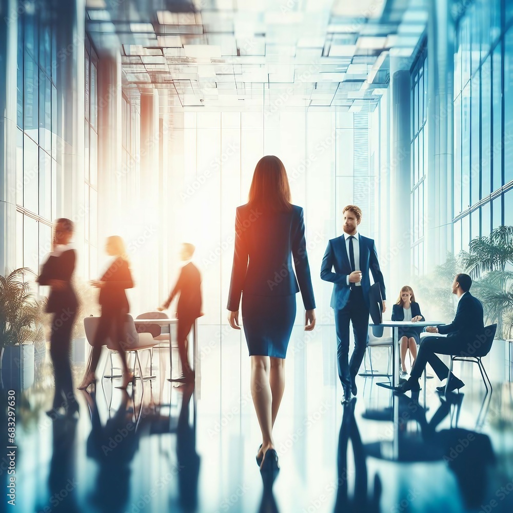 business people running around in a spacious hall and having meeting at ...