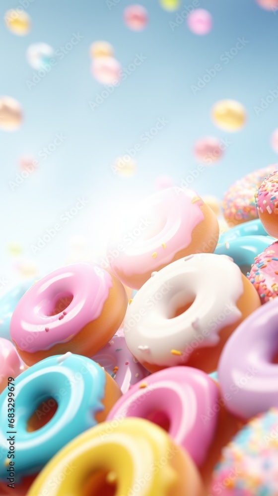Bright pastel color frosted assorted donuts levitating, blue sky ...