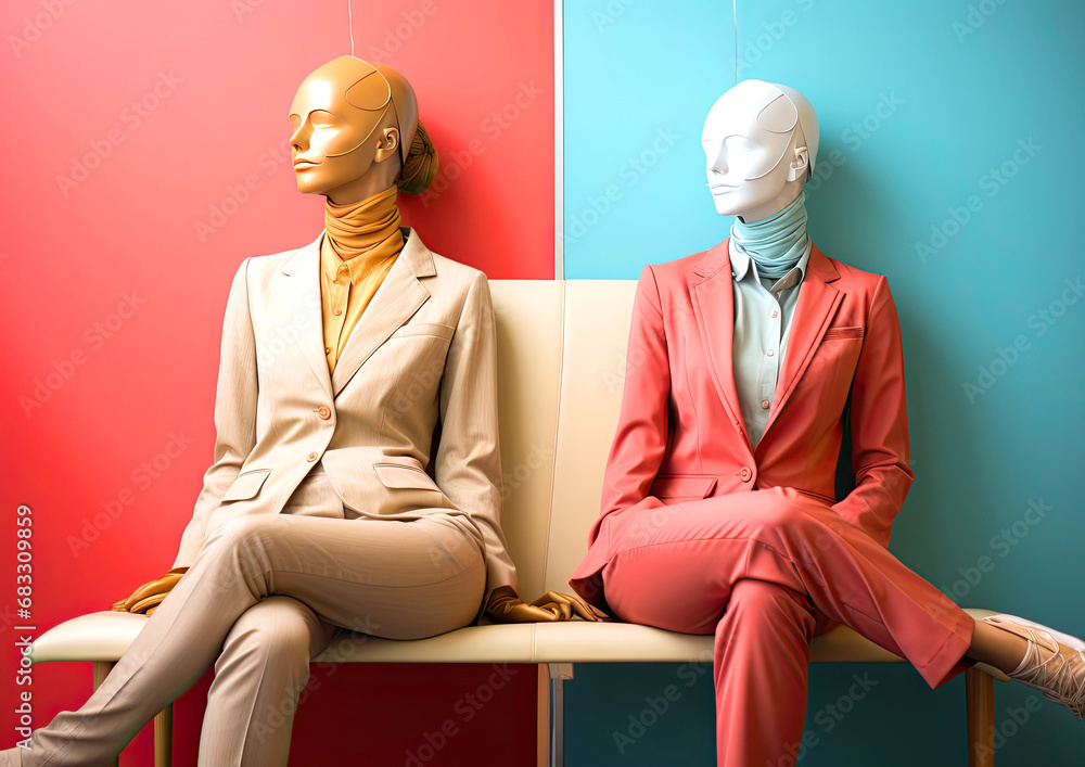 Surreal photo of people without faces in an empty room, the concept of ...